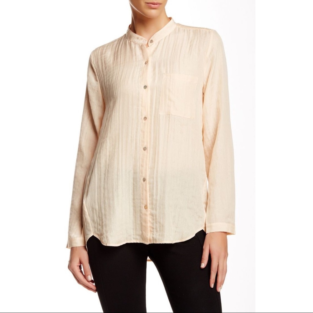 Eileen Fisher Mandarin Collar Linen Silk Cream Shirt - Gem